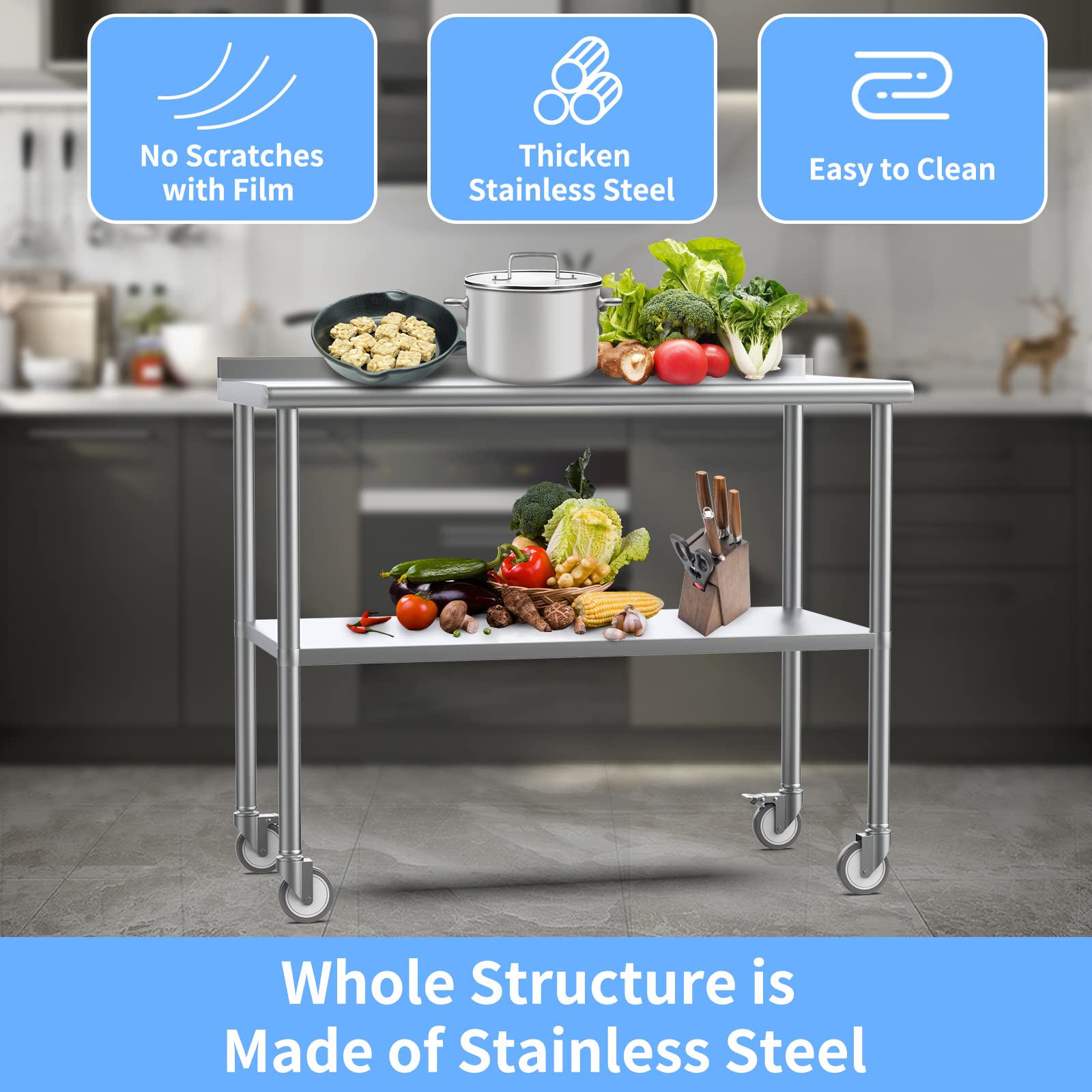 ROVSUN 30' x 24'' Stainless Steel Table for Prep & Work,Commercial Worktables & Workstations, NSF Heavy Duty Metal Table with Wheels & Backsplash for Kitchen, Restaurant,Home,Hotel