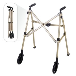 stander wonder walker, lightweight foldable space saver rolling walker for adults, seniors, and elderly, compact travel walker with 6-inch wheels and ski glides for mobility support, desert sand