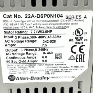 22A-D6P0N104 PowerFlex 4 AC Drive 480V 2.2KW VFD 22A-D6P0N104 Sealed in Box 1 Year Warranty