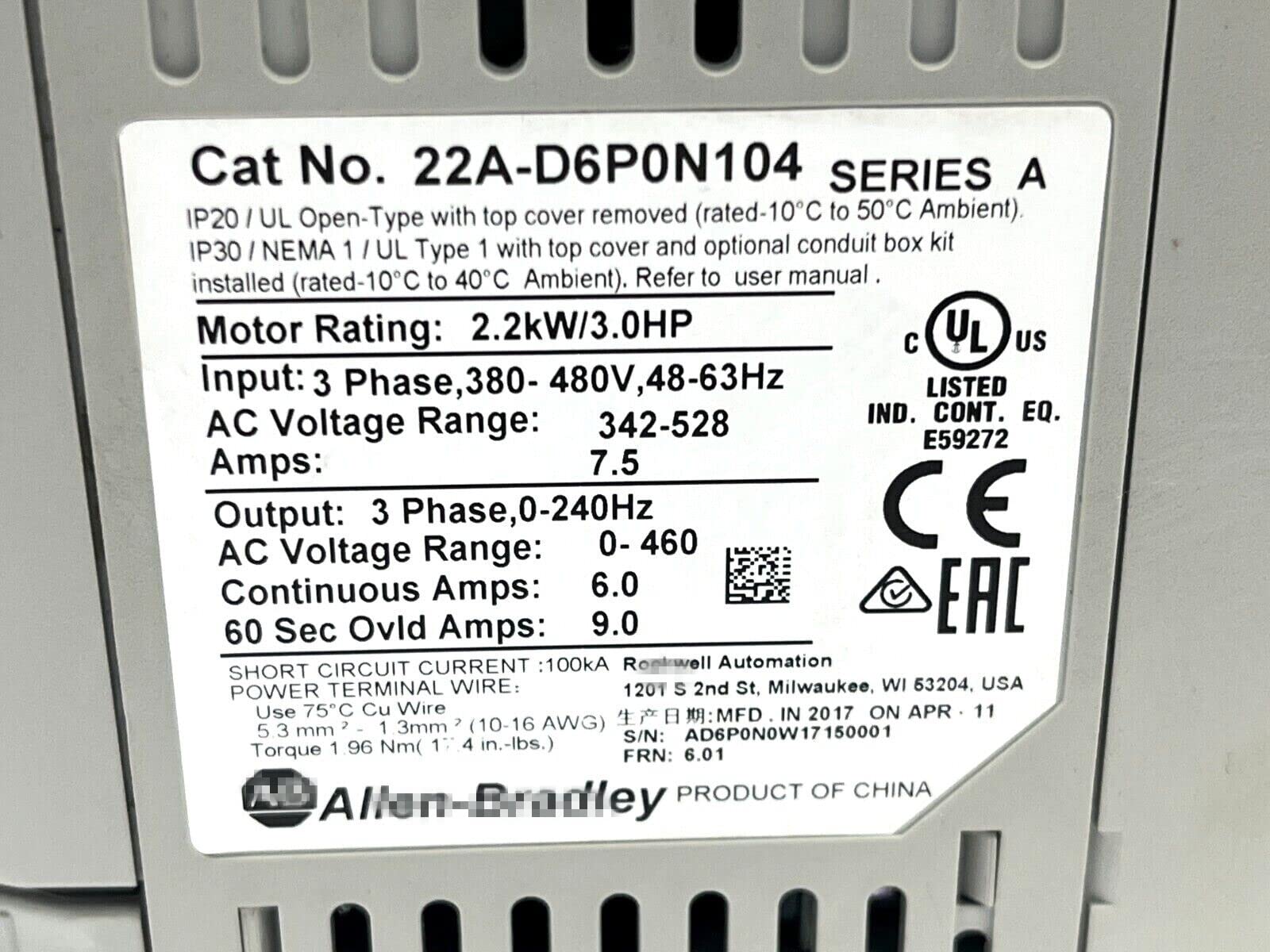 22A-D6P0N104 PowerFlex 4 AC Drive 480V 2.2KW VFD 22A-D6P0N104 Sealed in Box 1 Year Warranty