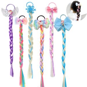 6pcs girls colored braids hair extensions with rubber bands, rainbow braided hairpieces hair bows wig ponytails kids favor diy hair accessories for girls gift birthday party cosplay daily dress up