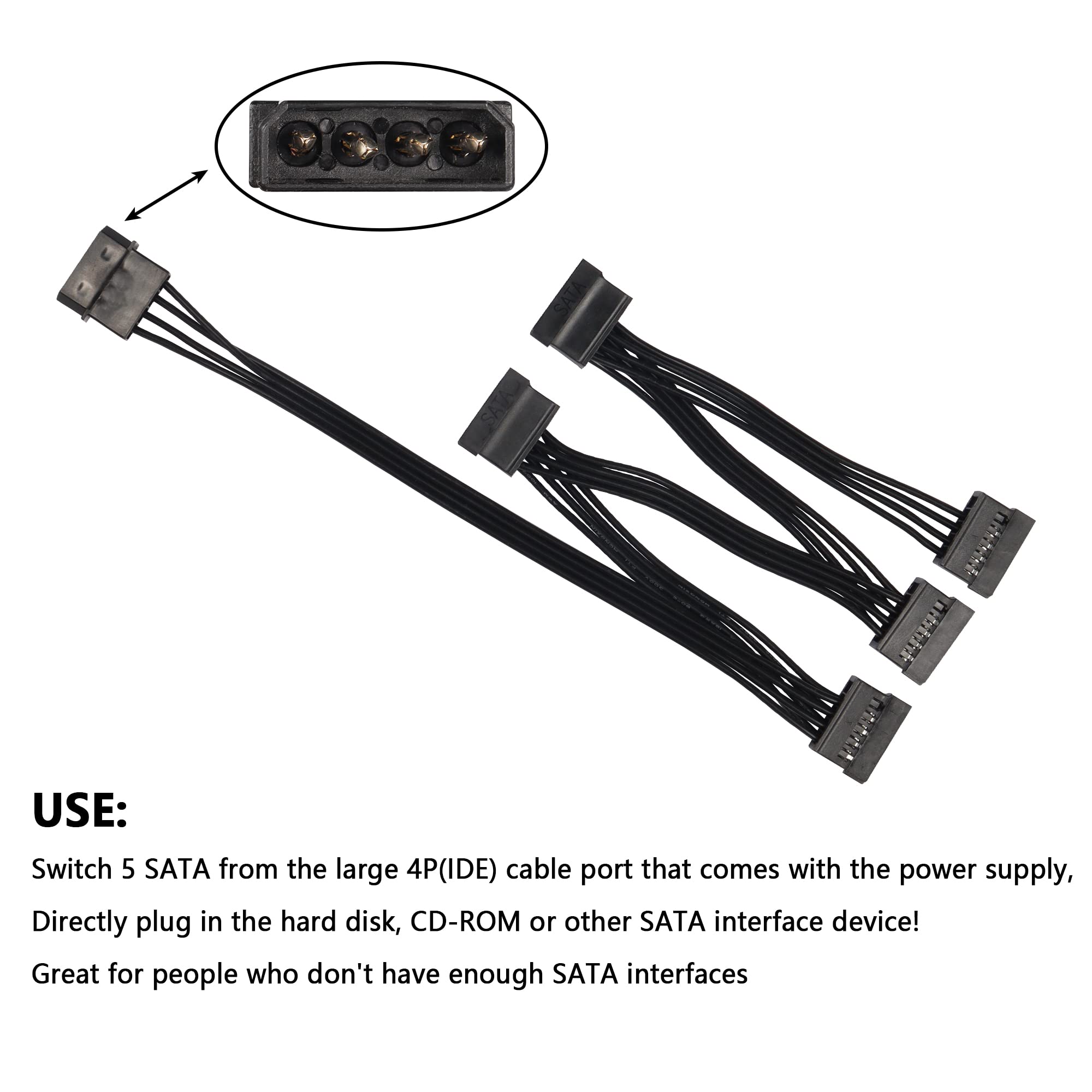 SinLoon IDE to SATA Power Splitter Cable, LP4 4 Pin Male to 5 SATA Female Power Extension Hard Drive Cable,for HDD SSD and Optical Drives 18AWG-24cm