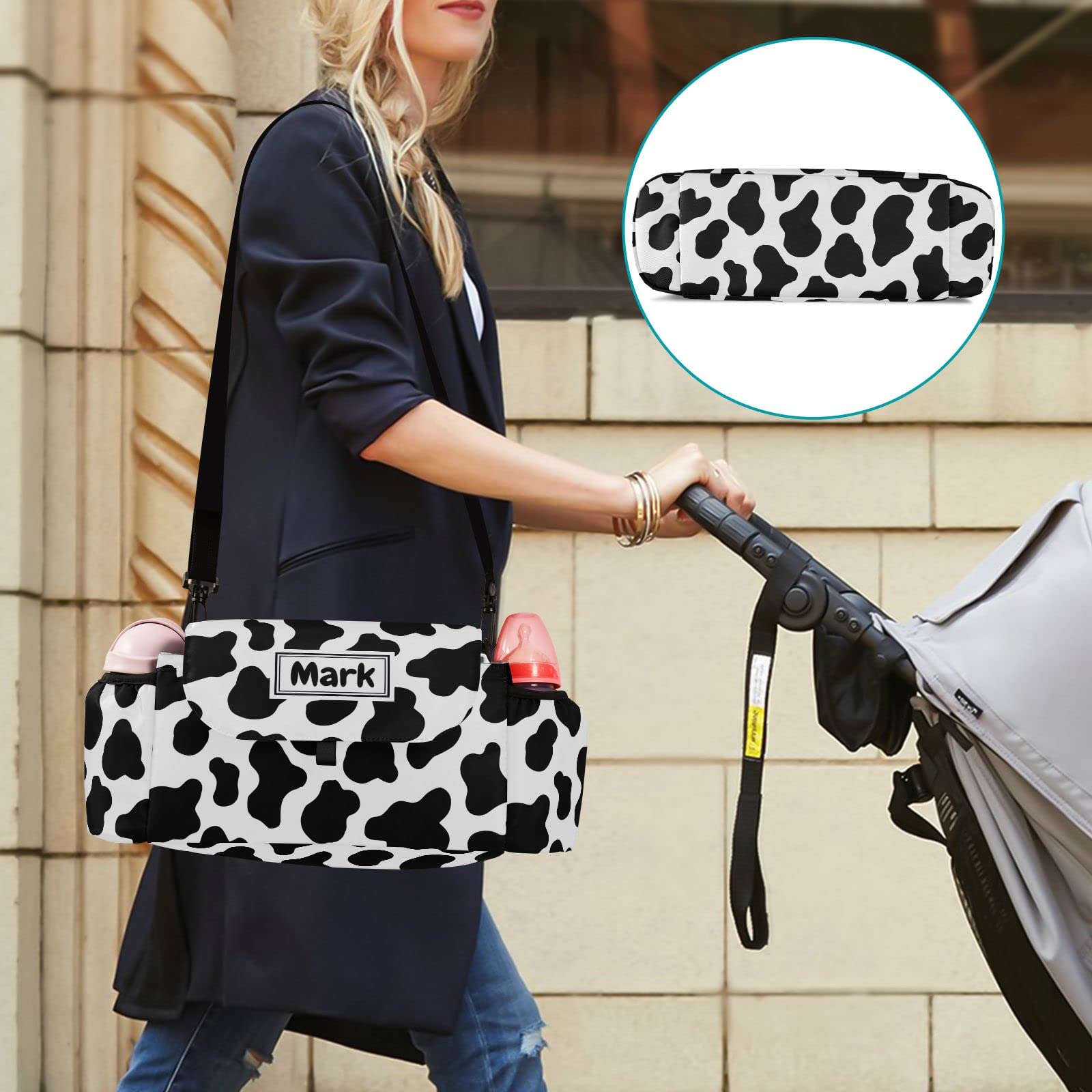 Sinestour Custom Cow Print Texture Stroller Organizer with Cup Holder Personalized Universal Stroller Organizer Bag Stroller Accessories for Diaper Toys Snacks Keys Fit All Baby Stroller