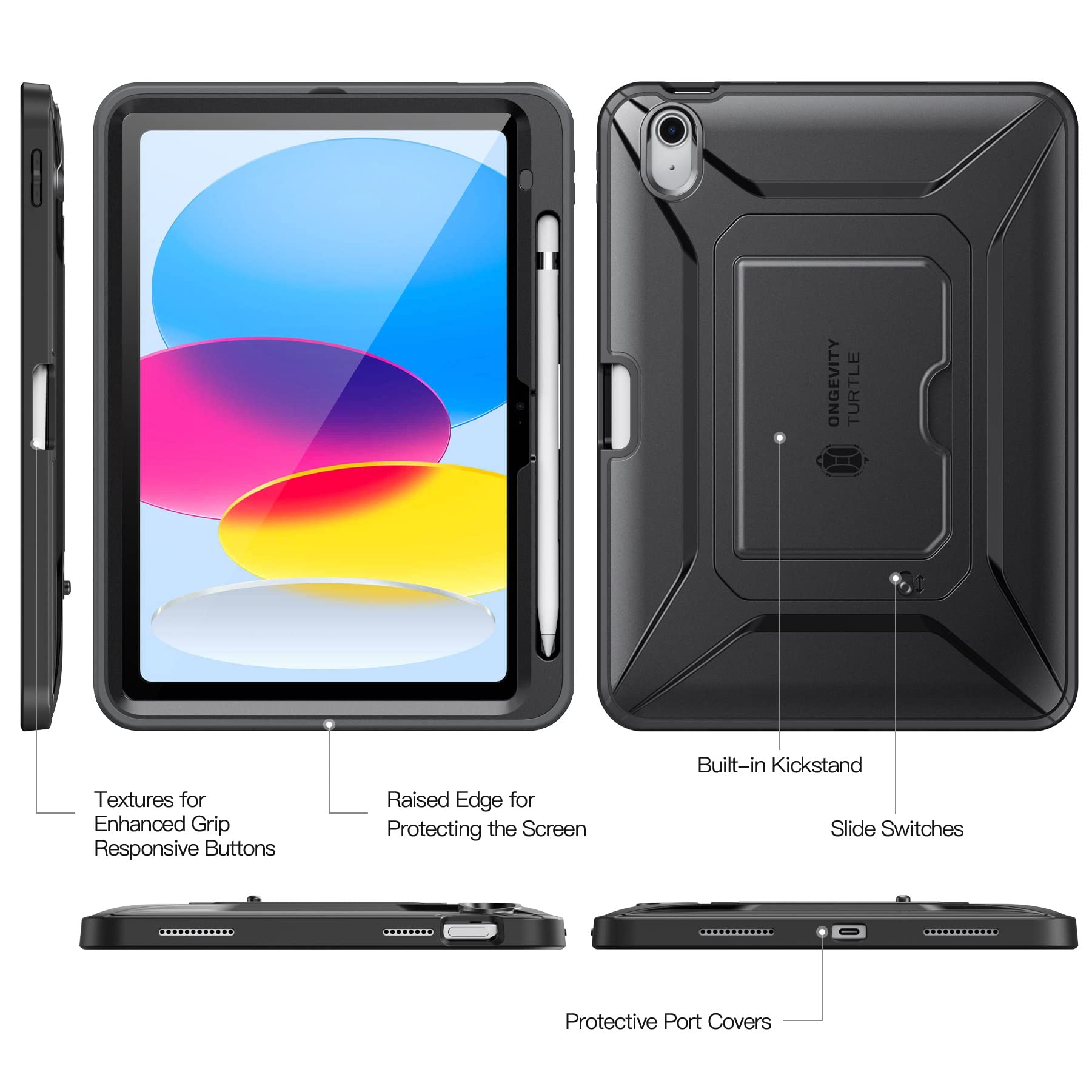 ZtotopCases Case for iPad 10th Generation 10.9" 2022, Dual Layer Shockproof Protective Cover with Built-in Screen Protector & Kickstand for New iPad 10.9 Inch/10th Tablet Case 2022, Black