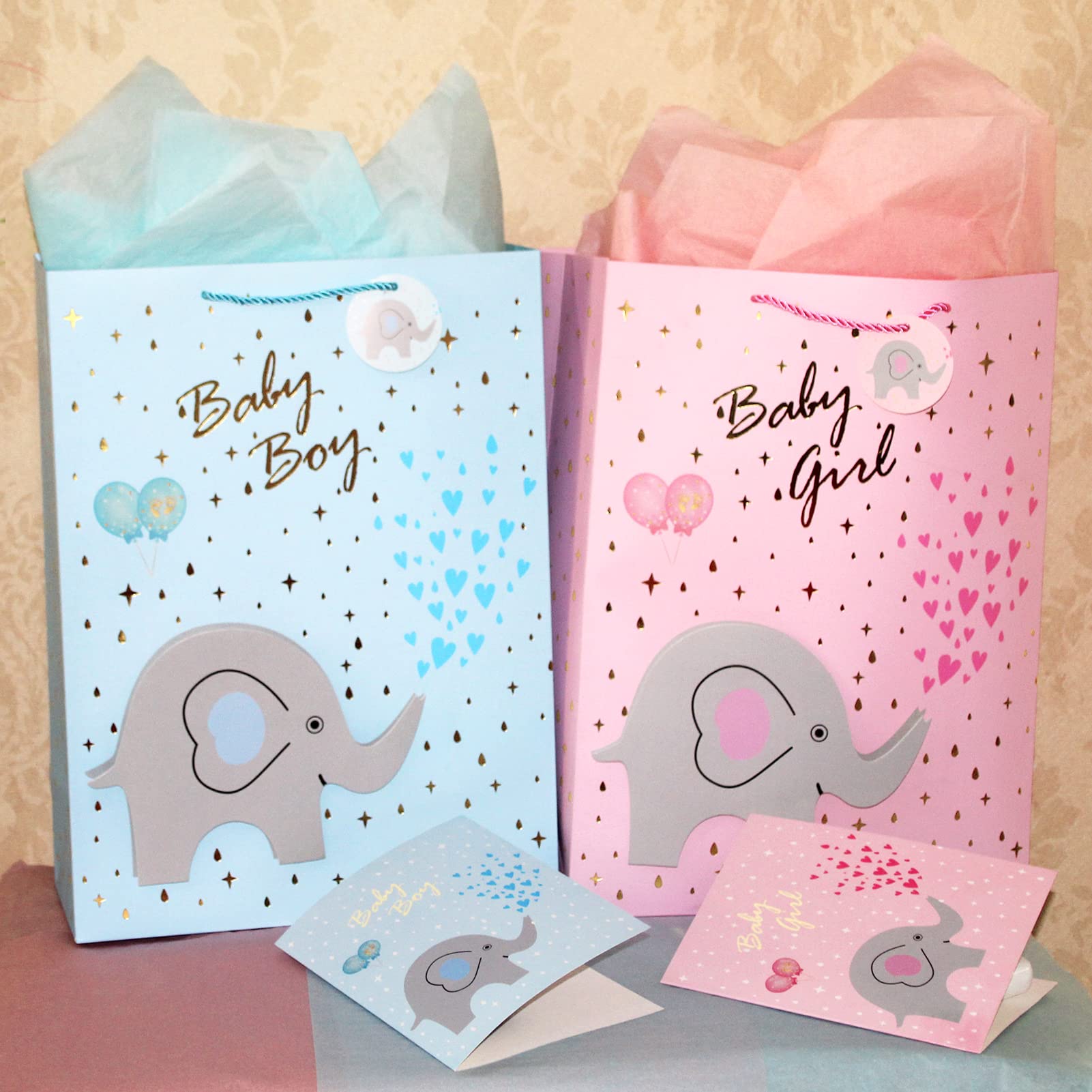 CUTERUI GIFTED 16.5" Extra Large Girl Gift Bags with 3D Elephant Patch for Baby Shower with Tissue Paper and Greeting Card (Pink Baby Girl)