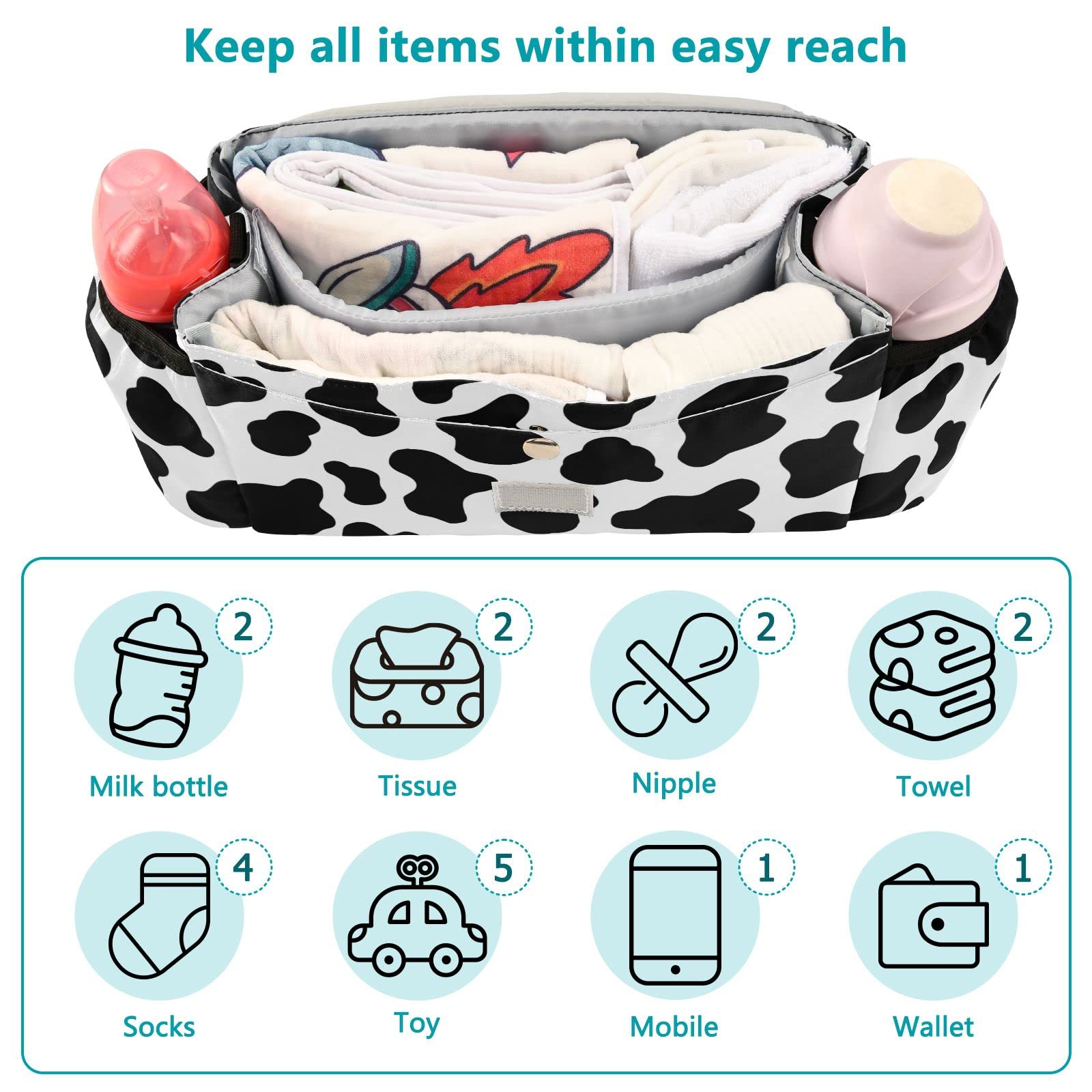 Sinestour Custom Cow Print Texture Stroller Organizer with Cup Holder Personalized Universal Stroller Organizer Bag Stroller Accessories for Diaper Toys Snacks Keys Fit All Baby Stroller