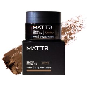 mattr beard/brow fix - cosmetic solutions for men - hair filler and growth promoting dye for patchy beards, grey hair coverage, hairlines & eyebrows - vegan makeup - travel-size jar - 15g (brown)