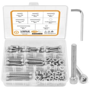 1/4-20 hex head cap screws, vigrue 304 stainless steel unc hexagon bolts flat washers nuts assortment