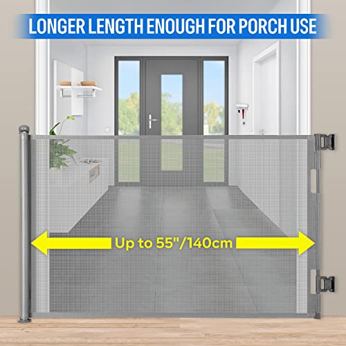 Retractable Baby Gate, Extra Wide Safety Kids or Pets Gate, 33” Tall, Extends to 55” Wide, Mesh Safety Dog Gate for Stairs, Indoor, Outdoor, Doorways, Hallways, Easy to Wipe(Grey)