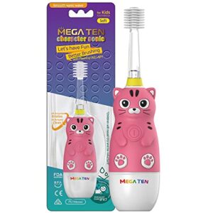 mega ten 360-degree kids electric toothbrush made in korea | led light & soft microfiber bristles & comfortable grip | fun & easy brushing for kids 12-48 months | built-in timer | bpa free | pink cat