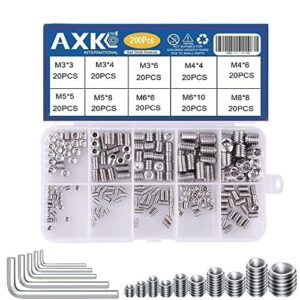 axk set grub screw m3 m4 m5 m6 m8 metric thread hex allen socket head cap screw bolt hexagon hex drive cup point screw assortment kit set alloy steel l screw (200pcs stainless steel)