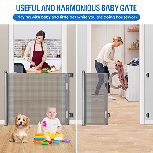 Retractable Baby Gate, Extra Wide Safety Kids or Pets Gate, 33” Tall, Extends to 55” Wide, Mesh Safety Dog Gate for Stairs, Indoor, Outdoor, Doorways, Hallways, Easy to Wipe(Grey)