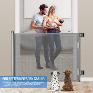 Retractable Baby Gate, Extra Wide Safety Kids or Pets Gate, 33” Tall, Extends to 55” Wide, Mesh Safety Dog Gate for Stairs, Indoor, Outdoor, Doorways, Hallways, Easy to Wipe(Grey)