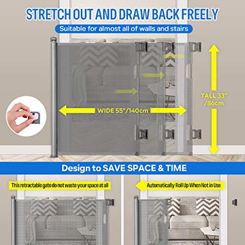 Retractable Baby Gate, Extra Wide Safety Kids or Pets Gate, 33” Tall, Extends to 55” Wide, Mesh Safety Dog Gate for Stairs, Indoor, Outdoor, Doorways, Hallways, Easy to Wipe(Grey)