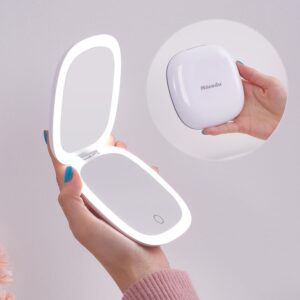 compact led magnifying travel makeup-mirror - 4 inches 1x/10x magnification small hand pocket dimmable double sided usb rechargeable touch screen, portable tabletop cosmetic (white)