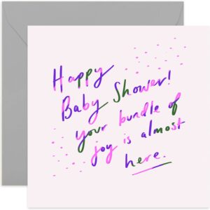 old english co. neon pink happy baby shower card - expecting parents greeting card | baby due, pregnancy, bundle of joy | blank inside & envelope included