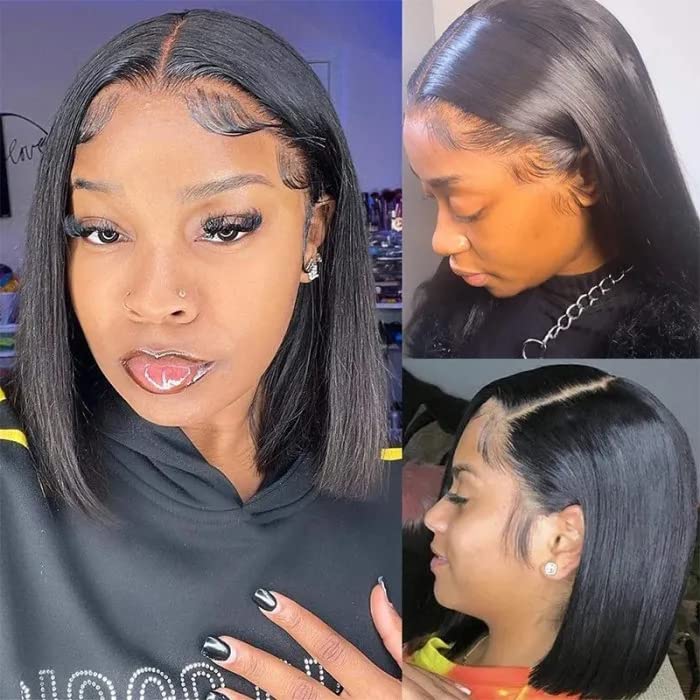 Bob Wig Lace Front Wigs Pre Plucked with Baby Hair 180% Density Short Bob Wigs for Women Straight Bob Frontal Wigs Natural Black (12inch)