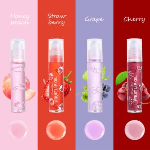 KTouler 4 Pcs Fruit Lip Oil Set Lip Gloss Crystal Jelly Liquid Lipstick, Set Moisturizing Hydrating Non-Stick cup Long Lasting Lip Kit for Women and Girl