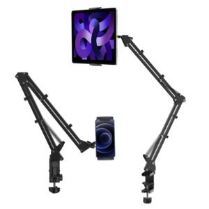 ulanzi t2 adjustable tablet holder for desk, carbon steel tablet phone stand for bed, flexible tablet arm clamp compatible with iphone 16 15 pro ipad kindle galaxy tab 4.6-12.9 inch devices