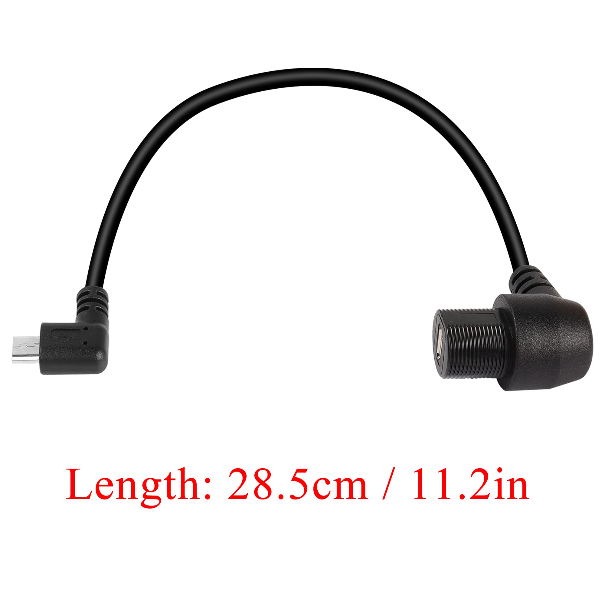 QIANRENON 90° Micro USB Panel Flush Mount Waterproof Extension Cable Micro USB 5 Pin Right Angle Male to Female Connector for Fixied on Dashboard of Car,Boat,Motorcycle,28cm/11in (Left Bend)