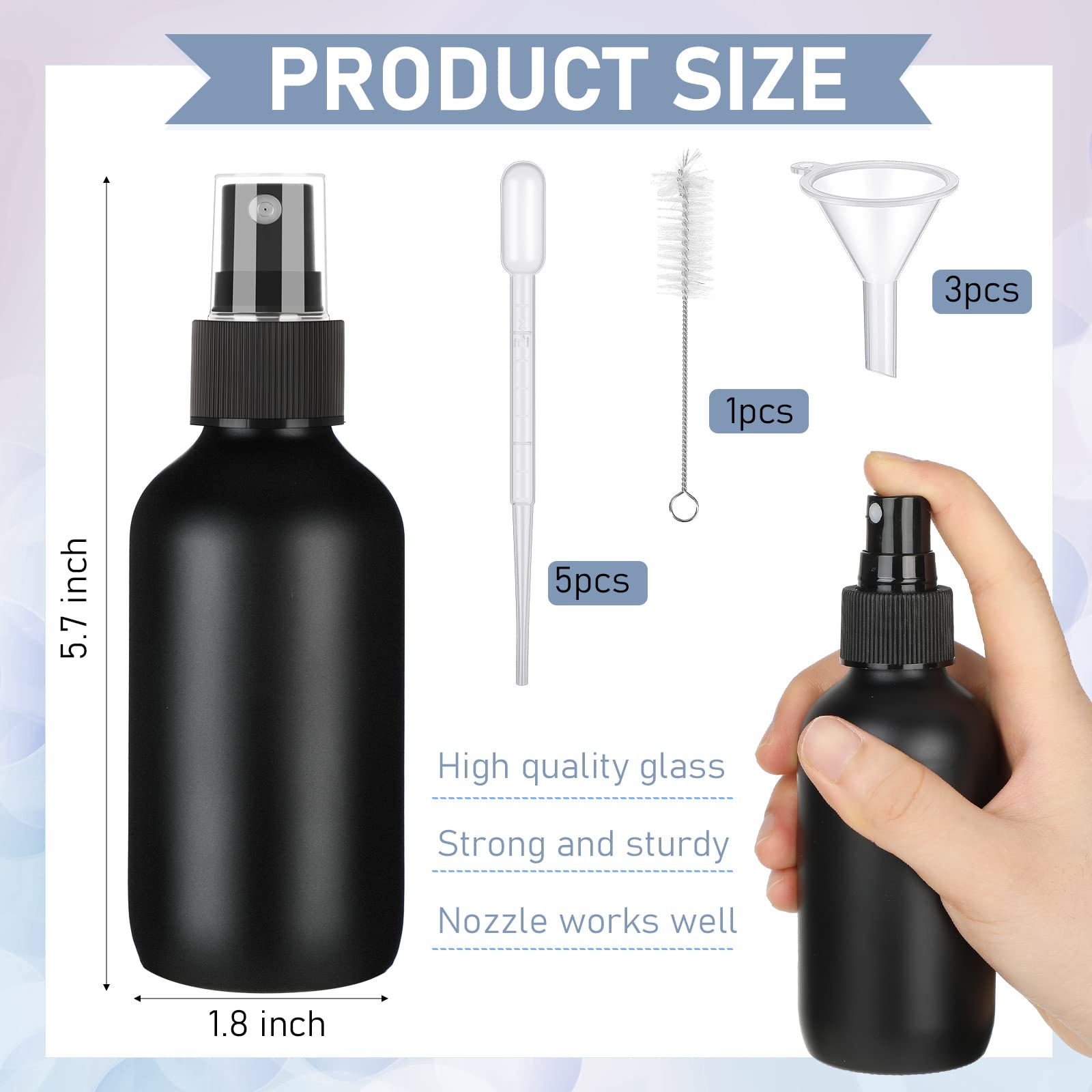 Nuogo 50 Pieces Mini Glass Spray Bottles Bulk 4 Oz Spray Bottles Fine Mist Glass Bottles with Funnel Dropper and Cleaning Brush Refillable for Essential Oils, Perfumes and Aromatherapy (Black)