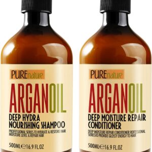 PURE NATURE Moroccan Argan Oil Shampoo and Conditioner Set with Heat Protectant Spray and Keratin Hair Mask