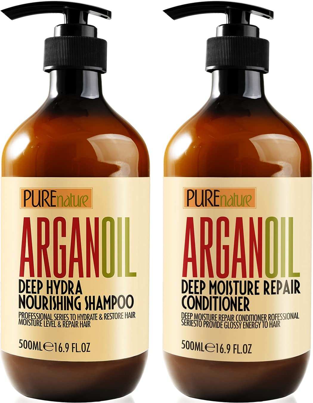 PURE NATURE Moroccan Argan Oil Shampoo and Conditioner Set with Heat Protectant Spray and Keratin Hair Mask