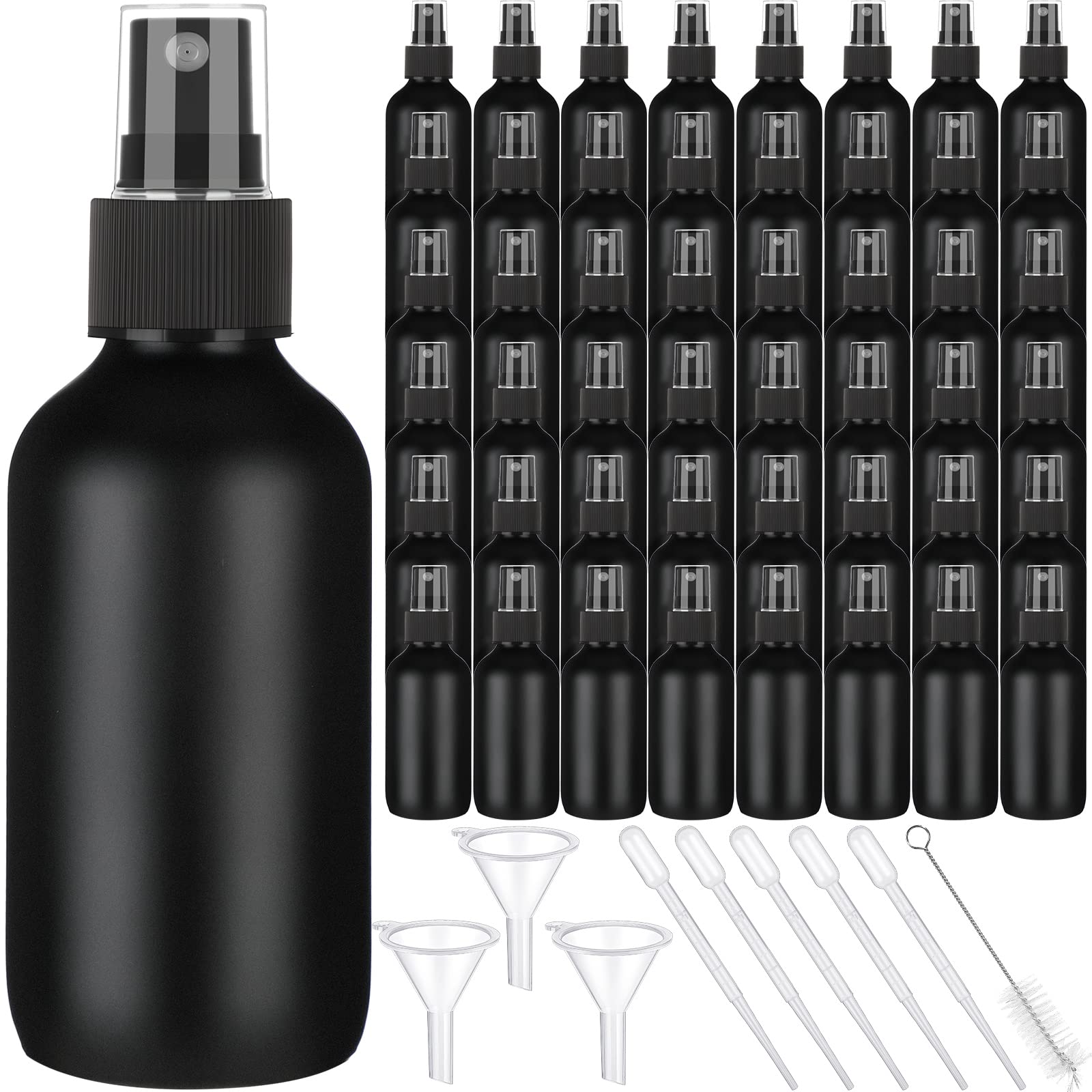 Nuogo 50 Pieces Mini Glass Spray Bottles Bulk 4 Oz Spray Bottles Fine Mist Glass Bottles with Funnel Dropper and Cleaning Brush Refillable for Essential Oils, Perfumes and Aromatherapy (Black)