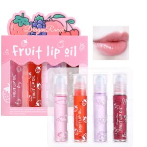 ktouler 4 pcs fruit lip oil set lip gloss crystal jelly liquid lipstick, set moisturizing hydrating non-stick cup long lasting lip kit for women and girl