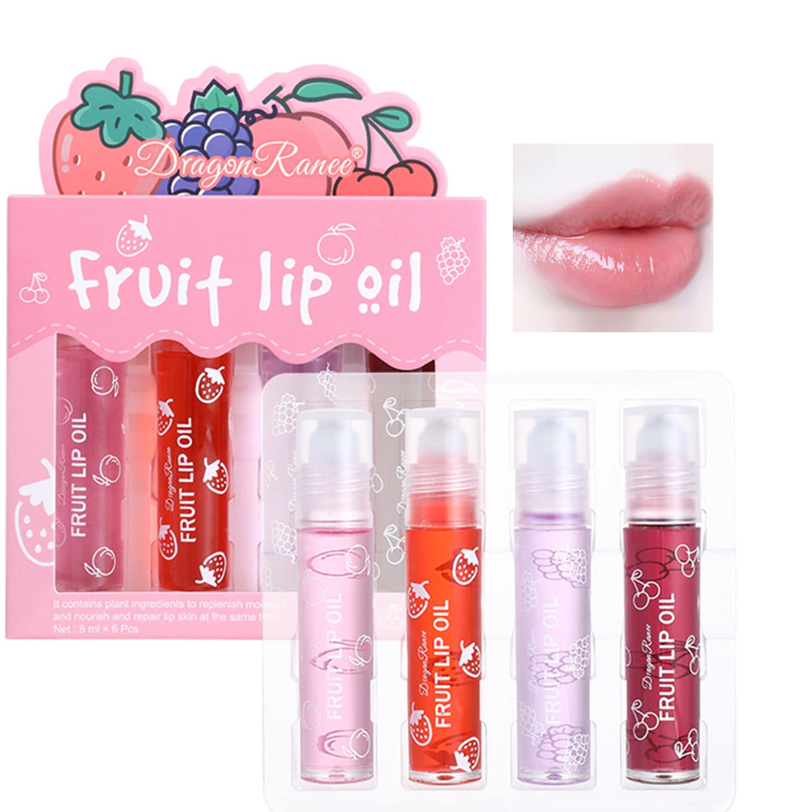 KTouler 4 Pcs Fruit Lip Oil Set Lip Gloss Crystal Jelly Liquid Lipstick, Set Moisturizing Hydrating Non-Stick cup Long Lasting Lip Kit for Women and Girl