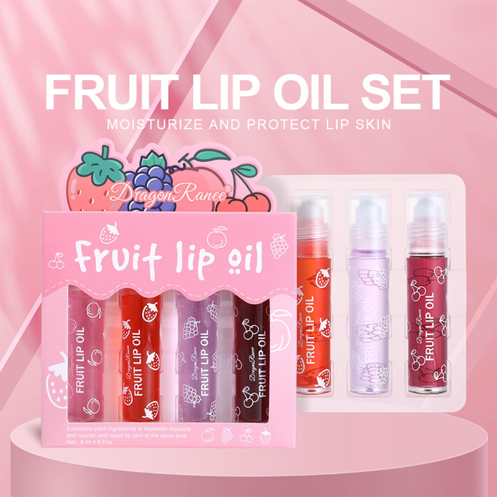 KTouler 4 Pcs Fruit Lip Oil Set Lip Gloss Crystal Jelly Liquid Lipstick, Set Moisturizing Hydrating Non-Stick cup Long Lasting Lip Kit for Women and Girl