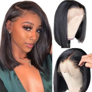 bob wig lace front wigs pre plucked with baby hair 180% density short bob wigs for women straight bob frontal wigs natural black (12inch)