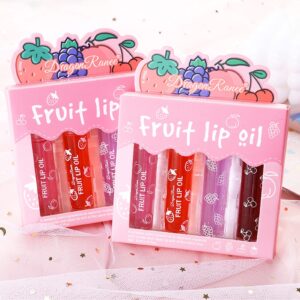 KTouler 4 Pcs Fruit Lip Oil Set Lip Gloss Crystal Jelly Liquid Lipstick, Set Moisturizing Hydrating Non-Stick cup Long Lasting Lip Kit for Women and Girl