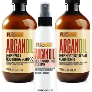 PURE NATURE Moroccan Argan Oil Shampoo and Conditioner Set and Heat Protectant Spray for Hair with Keratin