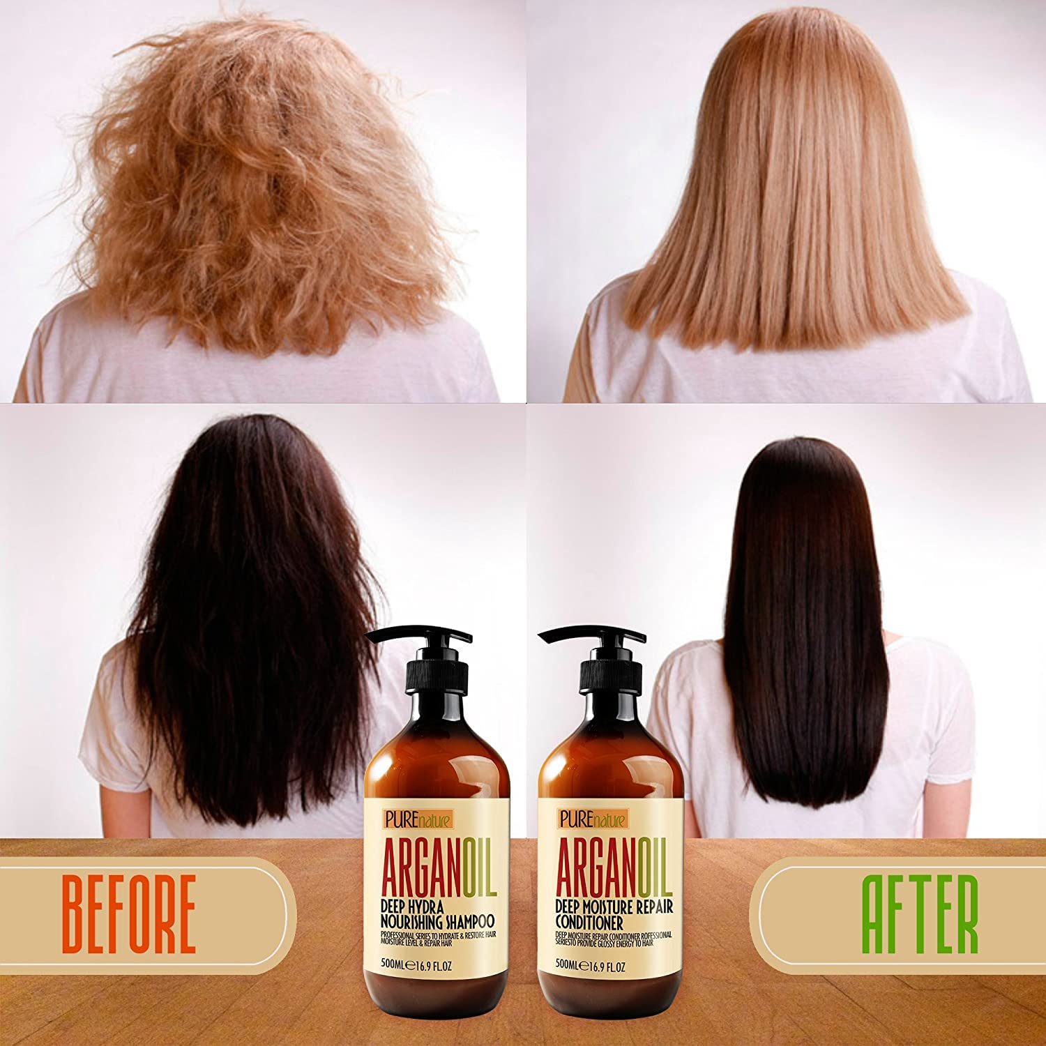 PURE NATURE Moroccan Argan Oil Shampoo and Conditioner Set and Heat Protectant Spray for Hair with Keratin