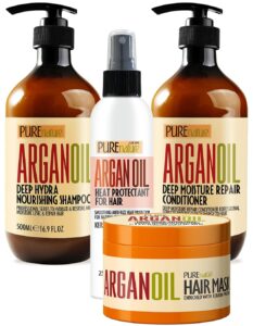 pure nature moroccan argan oil shampoo and conditioner set with heat protectant spray and keratin hair mask