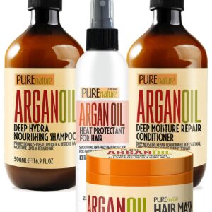 PURE NATURE Moroccan Argan Oil Shampoo and Conditioner Set with Heat Protectant Spray and Keratin Hair Mask