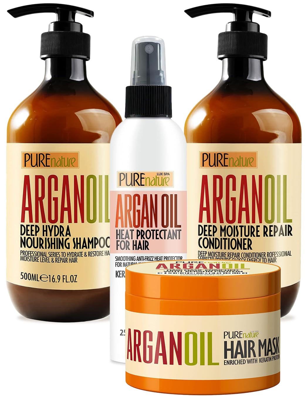 PURE NATURE Moroccan Argan Oil Shampoo and Conditioner Set with Heat Protectant Spray and Keratin Hair Mask