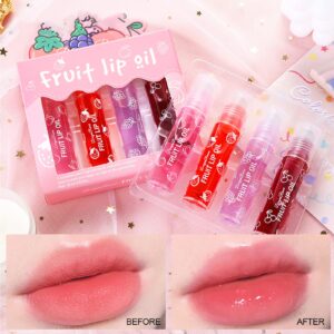 KTouler 4 Pcs Fruit Lip Oil Set Lip Gloss Crystal Jelly Liquid Lipstick, Set Moisturizing Hydrating Non-Stick cup Long Lasting Lip Kit for Women and Girl