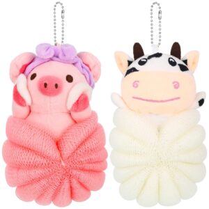 2 pcs bath sponge kids body shower loofah cute animal loofah sponge cartoon shower loofah colorful baby bath pouf mesh for toddler children adults gifts shower washing exfoliating (pig, cow)