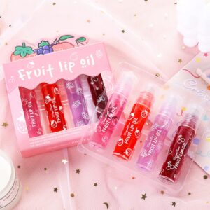 KTouler 4 Pcs Fruit Lip Oil Set Lip Gloss Crystal Jelly Liquid Lipstick, Set Moisturizing Hydrating Non-Stick cup Long Lasting Lip Kit for Women and Girl