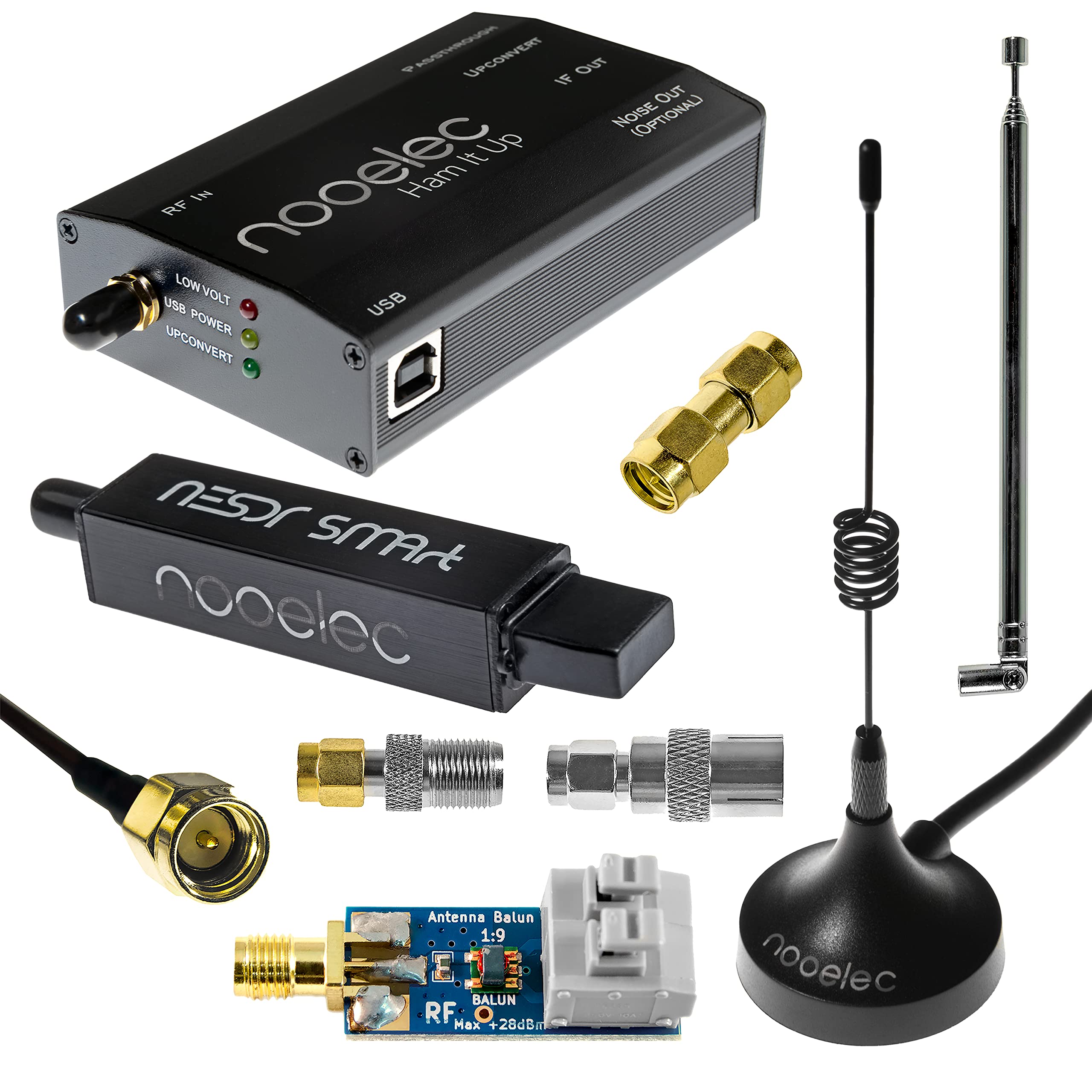 Nooelec NESDR Smart v5 HF Bundle: 100kHz-1.7GHz Software Defined Radio Set for HF/UHF/VHF Including a NESDR Smart v5 R860/RTL2832U RTL-SDR, Assembled Ham It Up Upconverter, 9:1 Balun, and Adapters