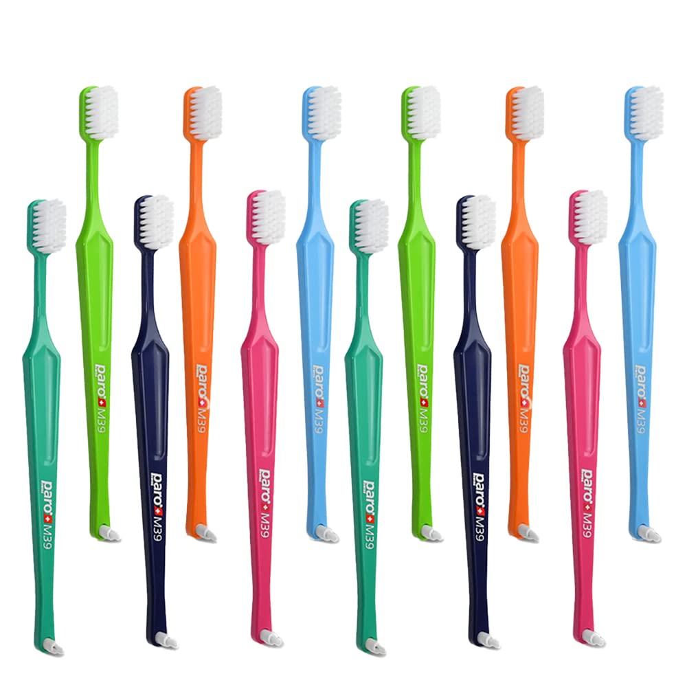 Paro M39 Toothbrush | Extra Sensitive Toothbrush with Medium Bristles and Exchangeable Inter Space F | 5 Rows, 39 Tufts | 12 Pack