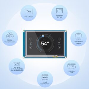 Nextion 5.0″ Basic HMI Display Module NX8048T050 LCD-TFT RGB 65K Resistive Touch Screen 800×480 Compatible for Arduino and Raspberry Pi, Suitable for 3D Printers, Vehicle HMI, Beauty Device, etc.