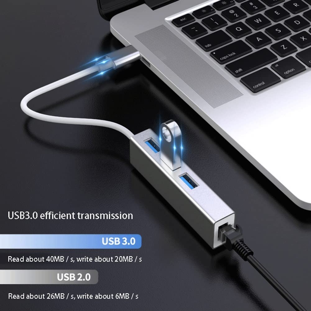 Beyori USB Hub,USB 3.0 Hub [5Gbps] with 10/100/1000M Ethernet and 3 USB 3.0 Ports for Laptop, USB Flash Drives, and Mobile HDD Silver (Color : Silver)