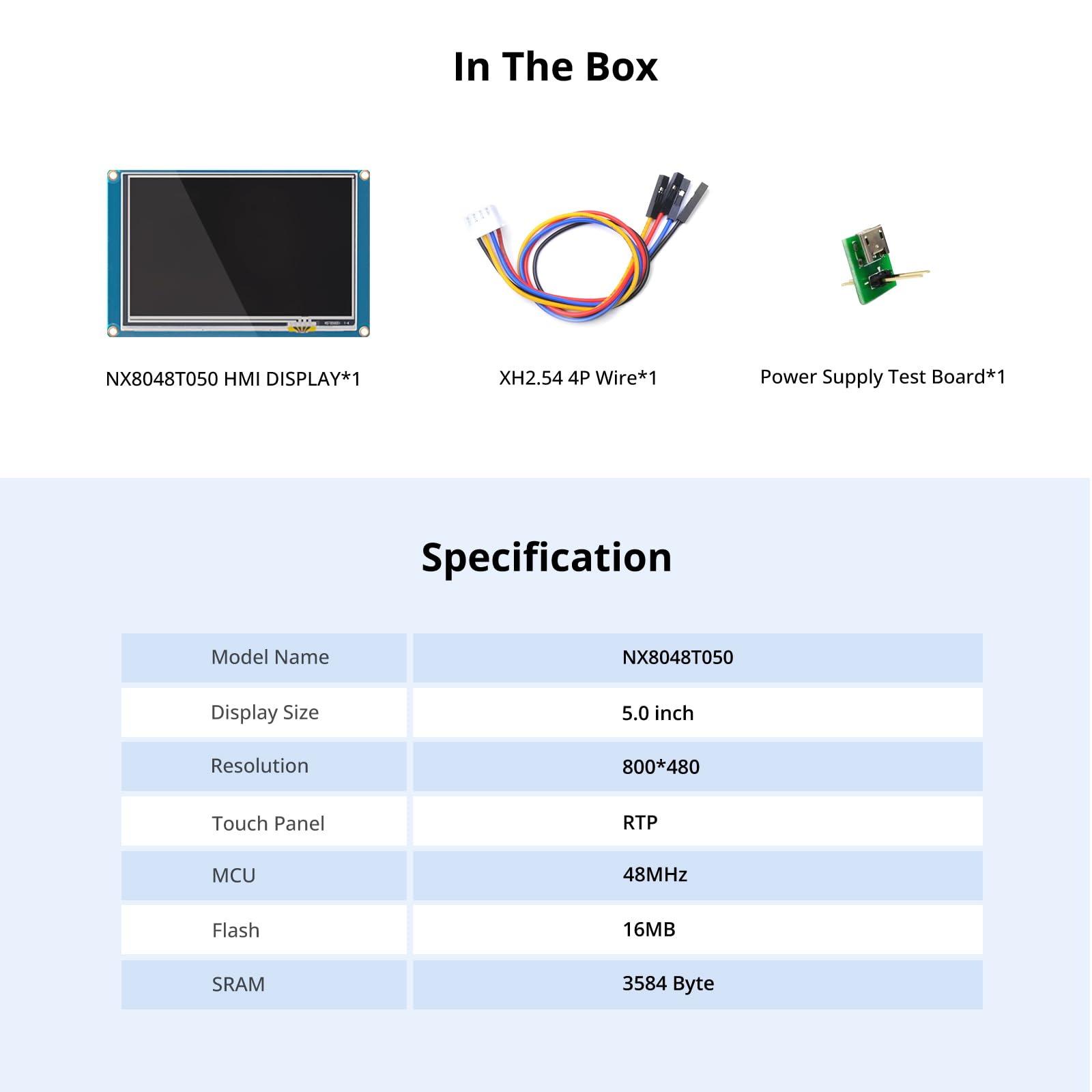 Nextion 5.0″ Basic HMI Display Module NX8048T050 LCD-TFT RGB 65K Resistive Touch Screen 800×480 Compatible for Arduino and Raspberry Pi, Suitable for 3D Printers, Vehicle HMI, Beauty Device, etc.