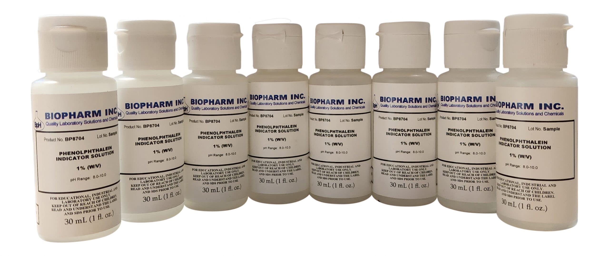 Phenolphthalein pH Indicator 1% Solution 8-Pack: 8×30-mL (8×1-fl oz) in Plastic Dropper Bottles