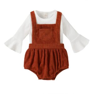 tiny cutey newborn baby girl clothes bell sleeve romper and corduroy overalls shorts infant girl fall outfits (white romper & brown overalls, 6-12 months)