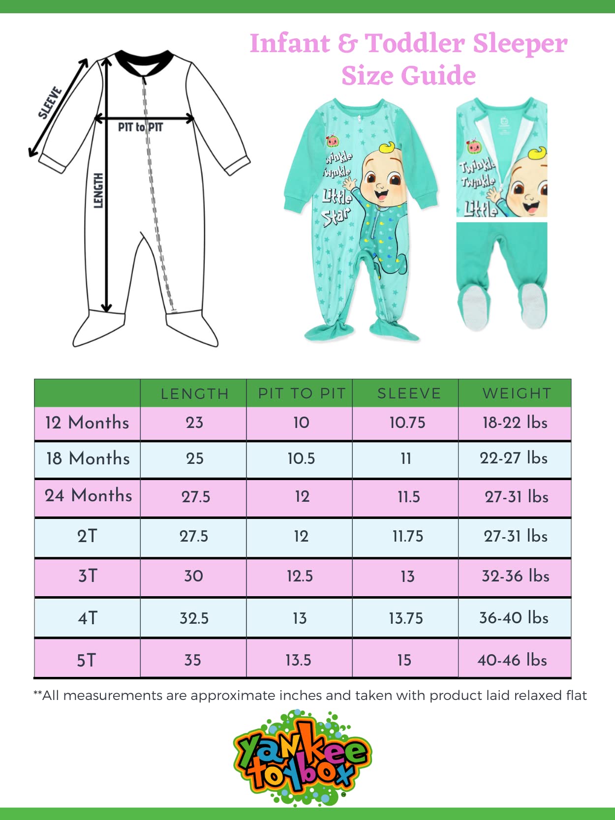 CoComelon JJ Little Star Toddler Infant Footed Blanket Sleeper Pajamas (24M, Teal)