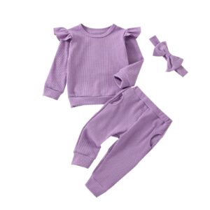 focutebb baby girl clothes fall winter outfits 2-3 t infant toddler girls outfit long sleeve sweatshirt pocket pants bow headband cute baby girl outfits set purple 2t 3t